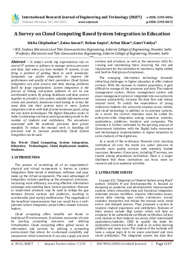 (PDF) IRJET- A Survey on Cloud Computing Based System Integration in Education