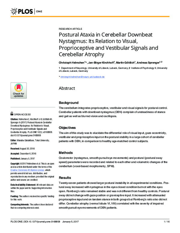(PDF) Postural Ataxia in Cerebellar Downbeat Nystagmus: Its Relation to ...