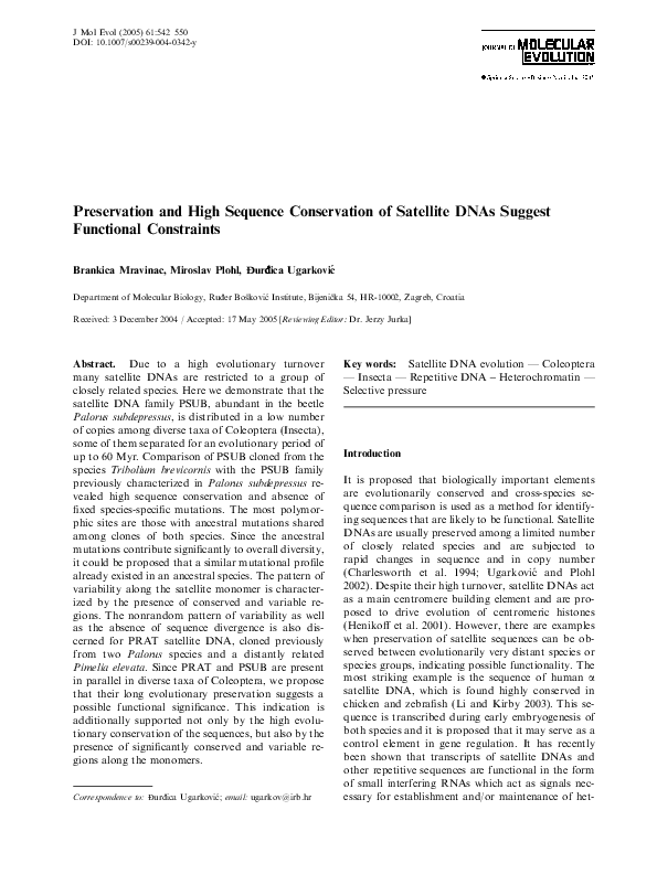 (PDF) Preservation and High Sequence Conservation of Satellite DNAs Suggest Functional Constraints