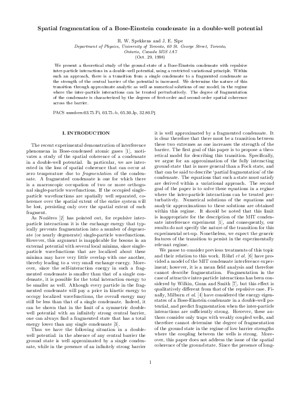 Pdf Spatial Fragmentation Of A Bose Einstein Condensate In A Double Well Potential Robert