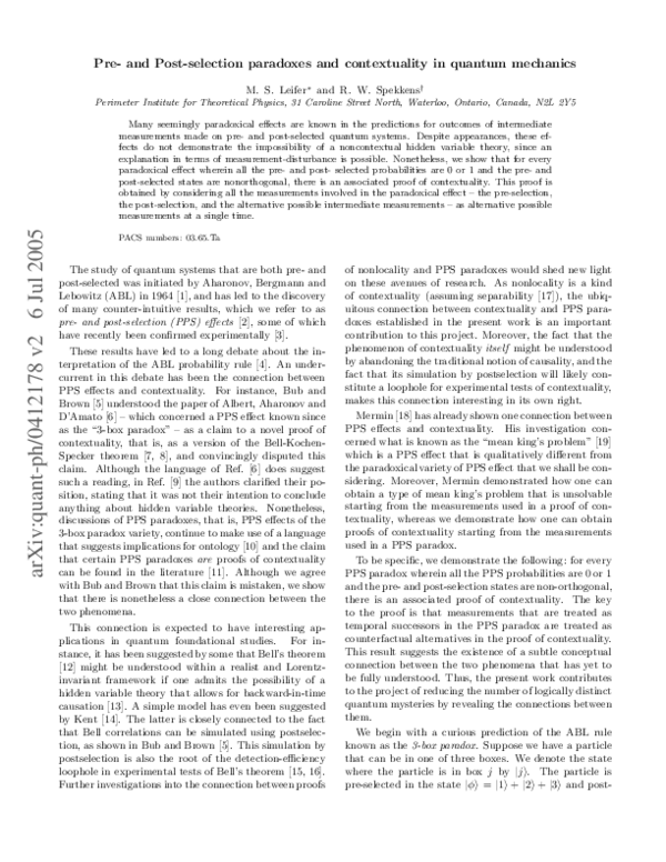 (PDF) Pre- and Post-Selection Paradoxes and Contextuality in Quantum ...