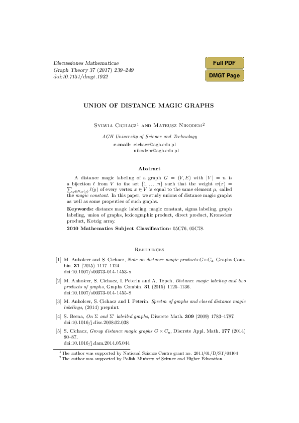 (PDF) Union of distance magic graphs
