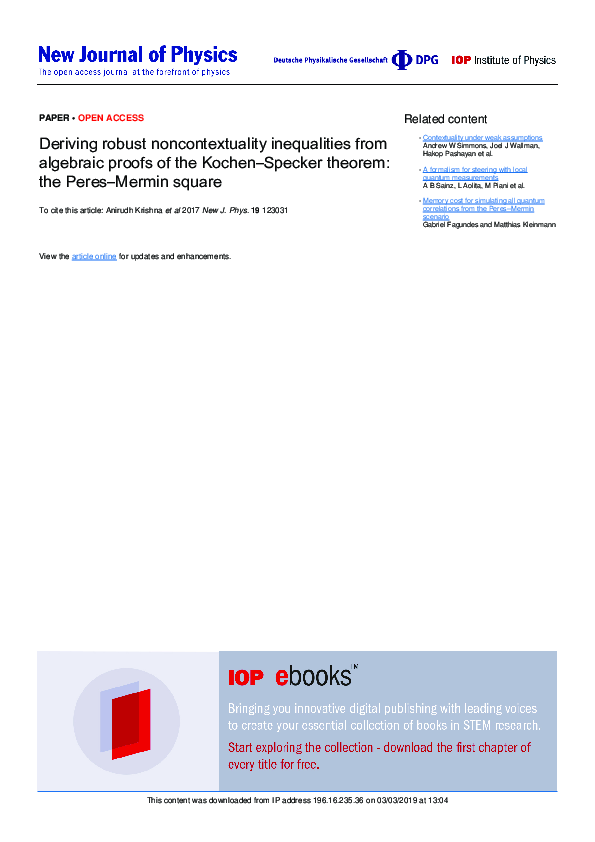 Pdf Deriving Robust Noncontextuality Inequalities From Algebraic Proofs Of The Kochenspecker
