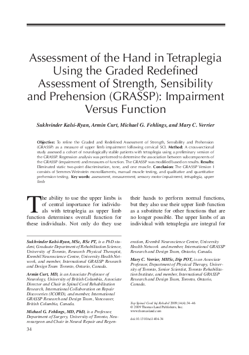 (PDF) Assessment of the Hand in Tetraplegia Using the Graded Redefined ...