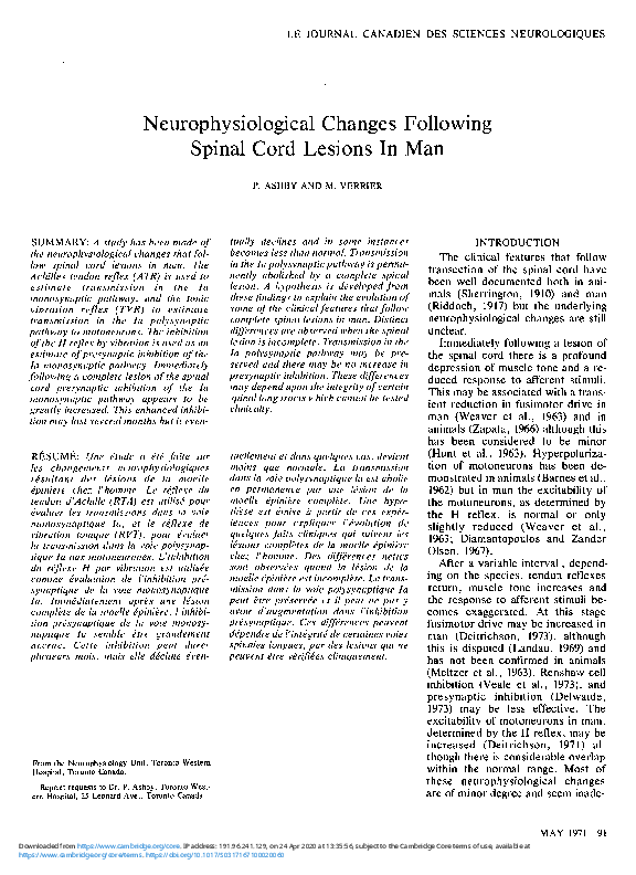 (PDF) Neurophysiological changes following spinal cord lesions in man ...