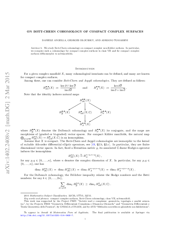 (PDF) On Bott-Chern cohomology of compact complex surfaces