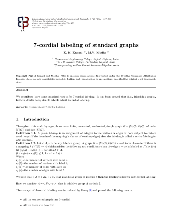 (PDF) 7-CORDIAL Labeling of Standard Graphs