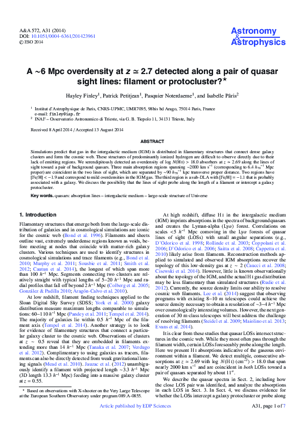 (PDF) A ~6 Mpc overdensity at z ≃ 2.7 detected along a pair of quasar ...