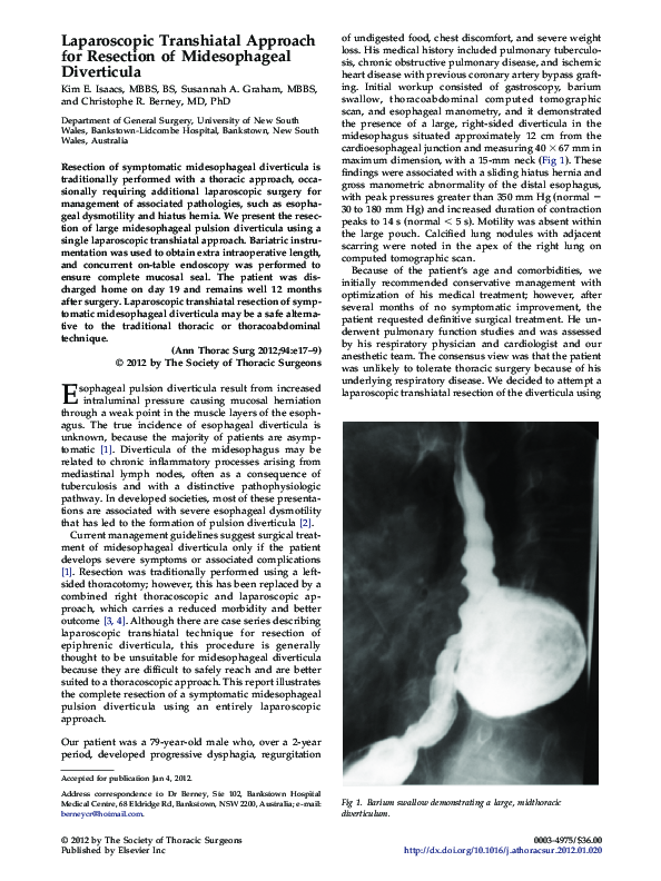 (PDF) Laparoscopic Transhiatal Approach for Resection of Midesophageal ...