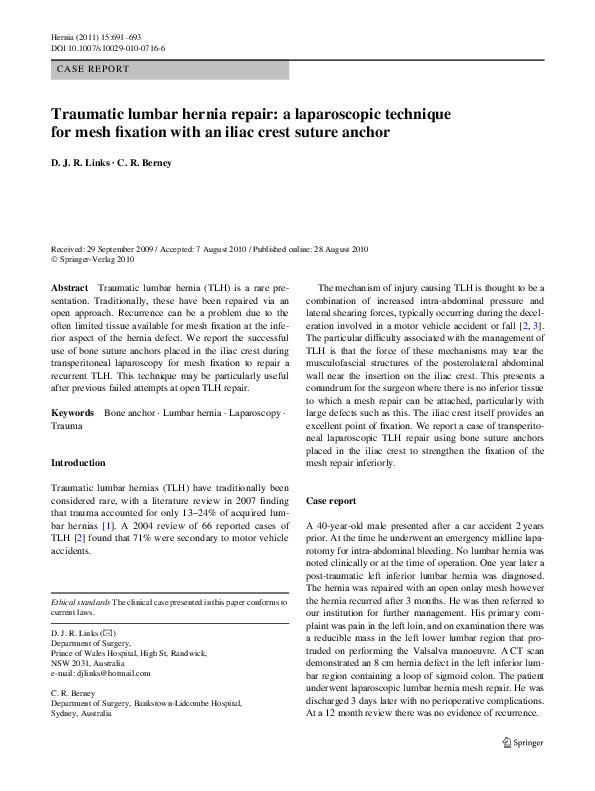 (PDF) Traumatic lumbar hernia repair: a laparoscopic technique for mesh ...