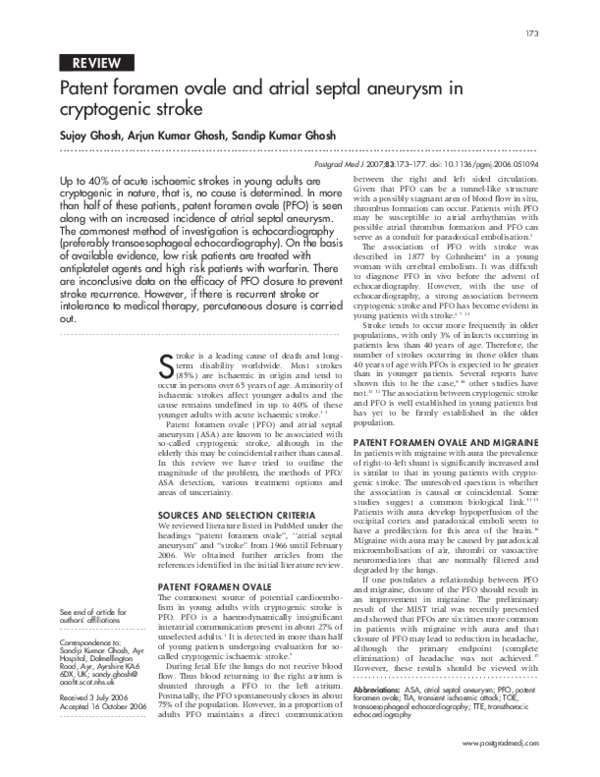 (PDF) Patent Foramen Ovale and Atrial Septal Aneurysm In Cryptogenic Stroke