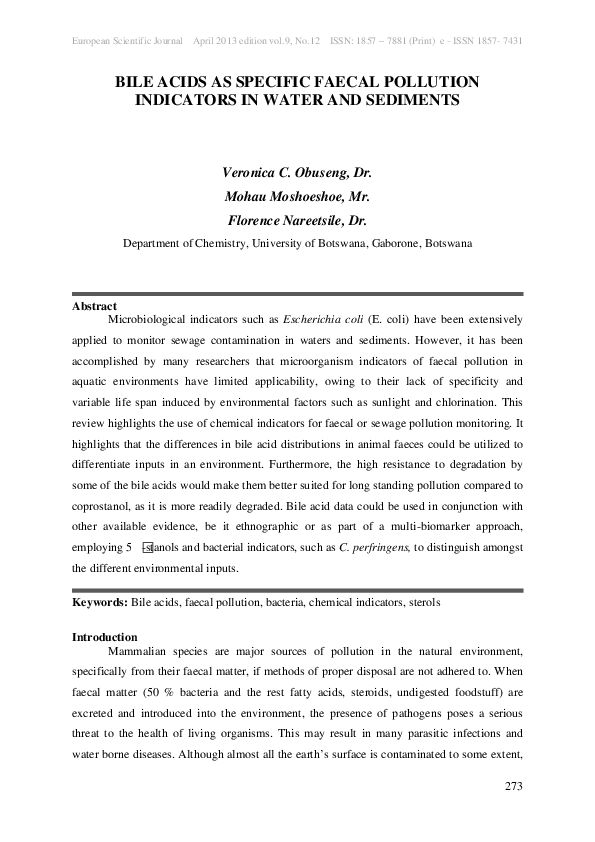 (PDF) Bile Acids as Specific Faecal Pollution Indicators in Water and ...