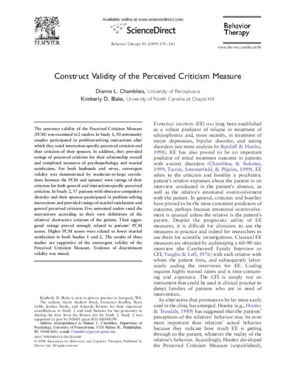 (PDF) Construct Validity of the Perceived Criticism Measure