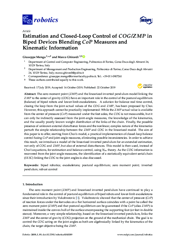 (PDF) Estimation and Closed-Loop Control of COG/ZMP in Biped Devices ...