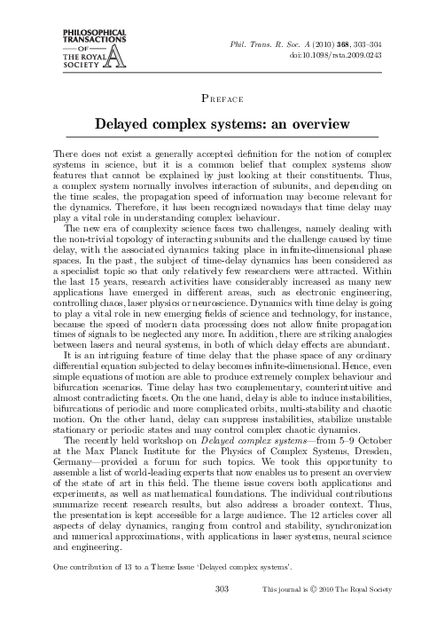 (PDF) Delayed complex systems: an overview