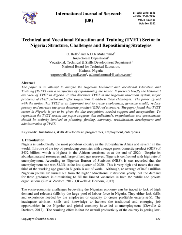 (PDF) Technical and Vocational Education and Training (TVET) Sector in Nigeria: Structure ...