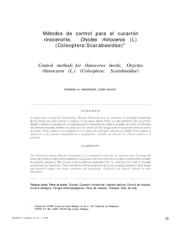 (PDF) Métodos de control para el cucarrón rinoceronte, Oryctes ...