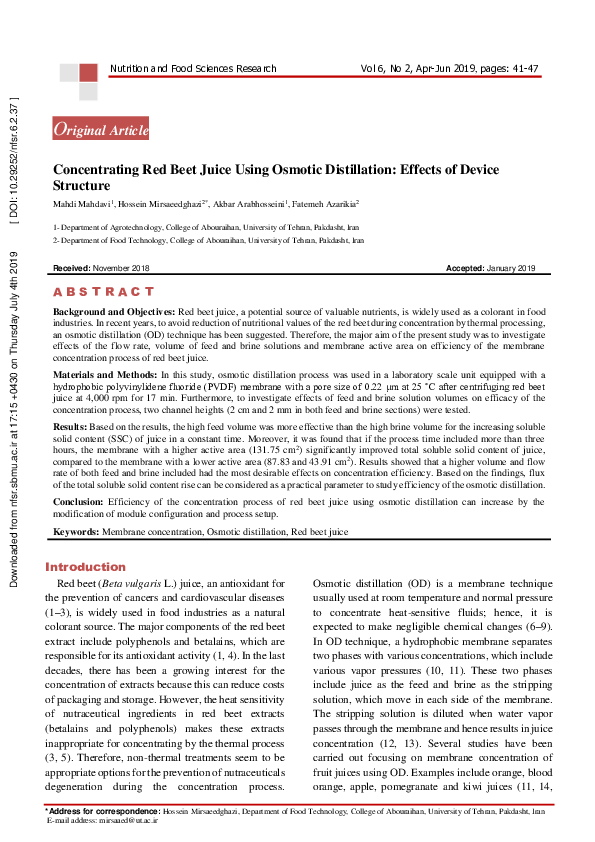 (PDF) Concentrating Red Beet Juice Using Osmotic Distillation: Effects ...