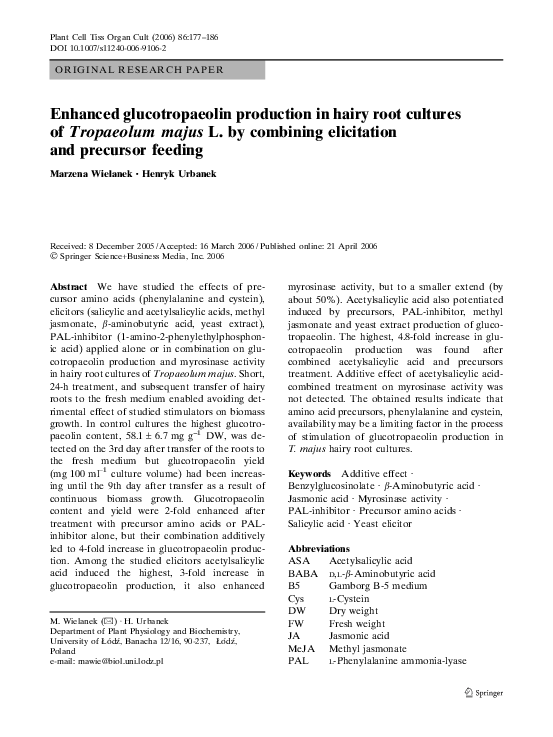 (PDF) Enhanced glucotropaeolin production in hairy root cultures of ...
