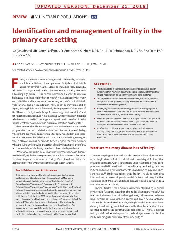 (PDF) Identification and management of frailty in the primary care setting