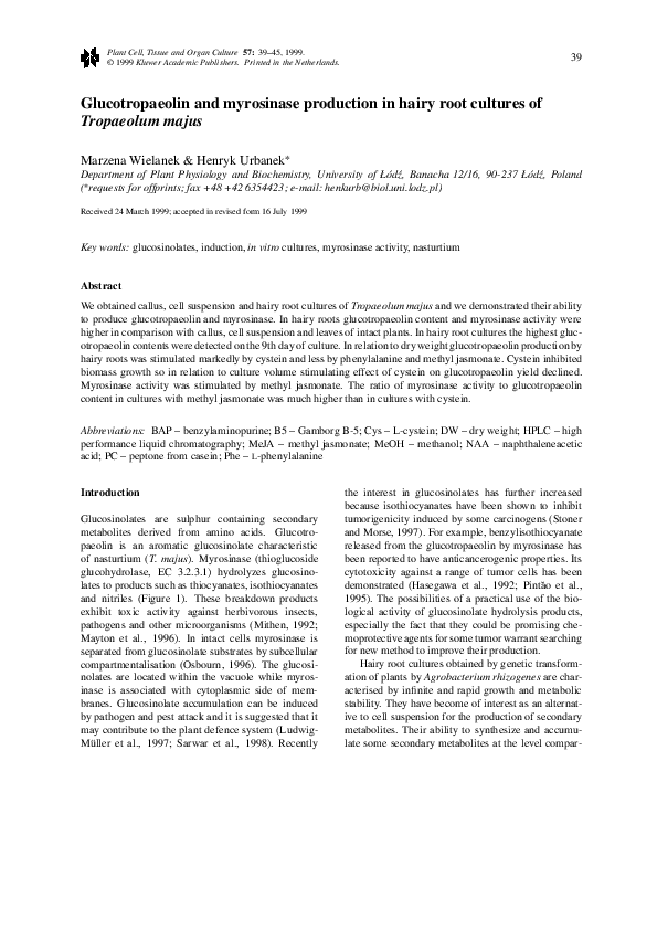(PDF) Glucotropaeolin and myrosinase production in hairy root cultures ...