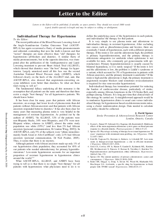 (PDF) Letter to the Editor: Individualized Therapy for Hypertension