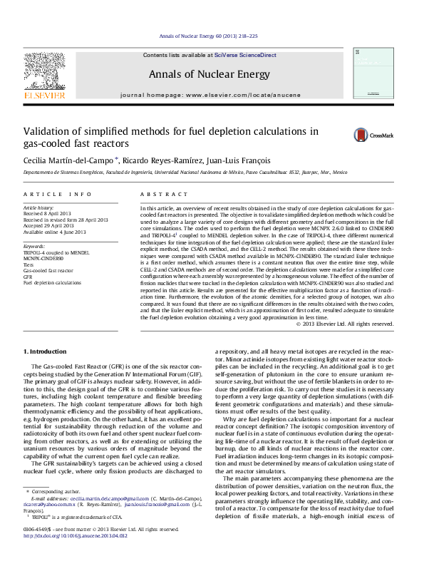 (PDF) Validation of simplified methods for fuel depletion calculations in gas-cooled fast reactors