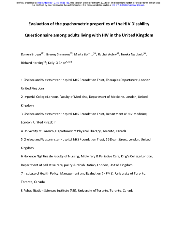 (PDF) Evaluation of the psychometric properties of the HIV Disability ...