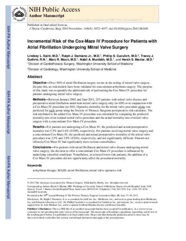(PDF) Incremental risk of the Cox-maze IV procedure for patients with ...