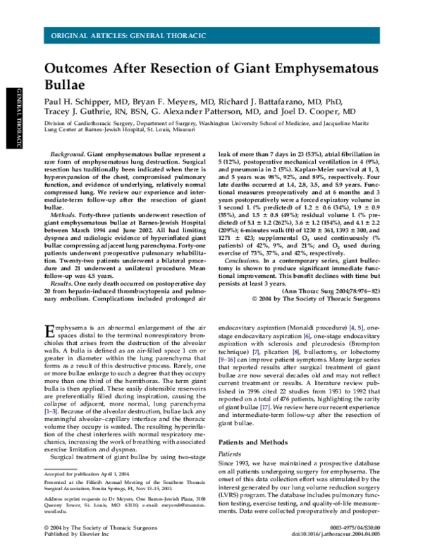 (PDF) Outcomes after resection of giant emphysematous bullae | Tracey ...