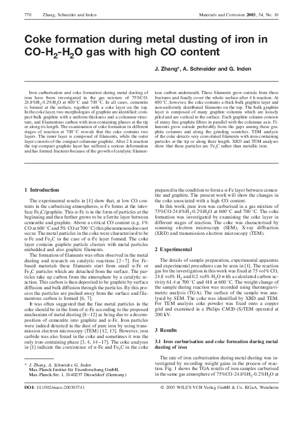 (PDF) Coke formation during metal dusting of iron in CO-H2-H2O gas with ...