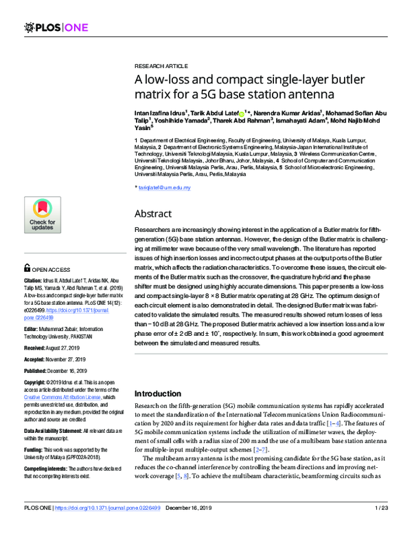 (PDF) A low-loss and compact single-layer butler matrix for a 5G base ...
