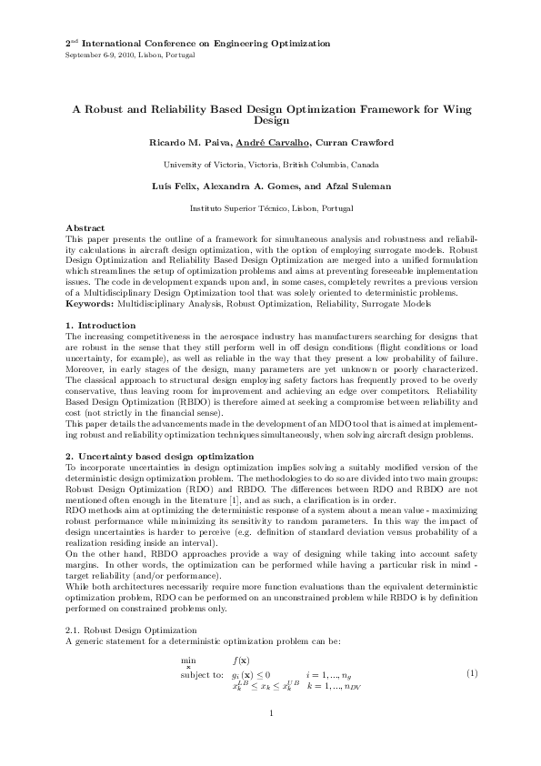 (PDF) Robust and Reliability-Based Design Optimization Framework for Wing Design | Robert ...