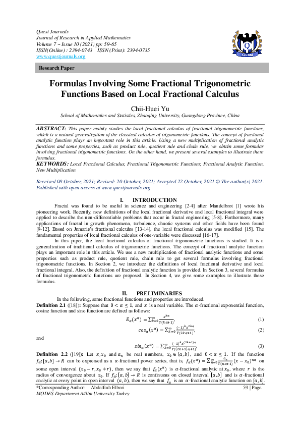 Pdf Formulas Involving Some Fractional Trigonometric Functions Based