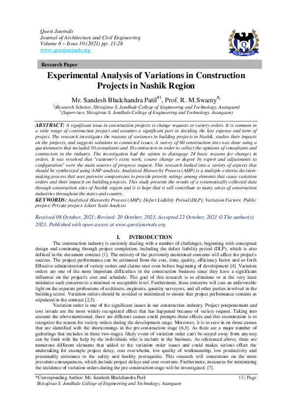 (PDF) Experimental Analysis of Variations in Construction Projects in ...