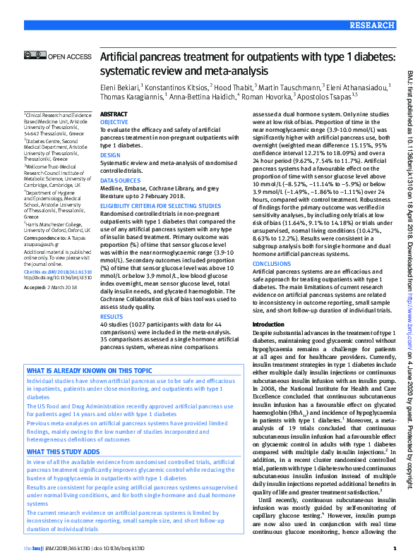 (PDF) Artificial pancreas treatment for outpatients with type 1 ...