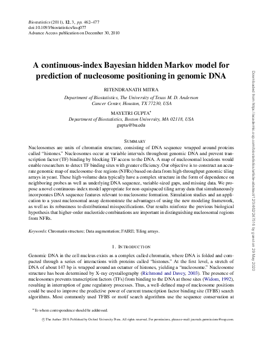 (PDF) A continuous-index Bayesian hidden Markov model for prediction of nucleosome positioning ...