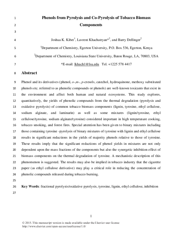 (PDF) Phenols from pyrolysis and co-pyrolysis of tobacco biomass components