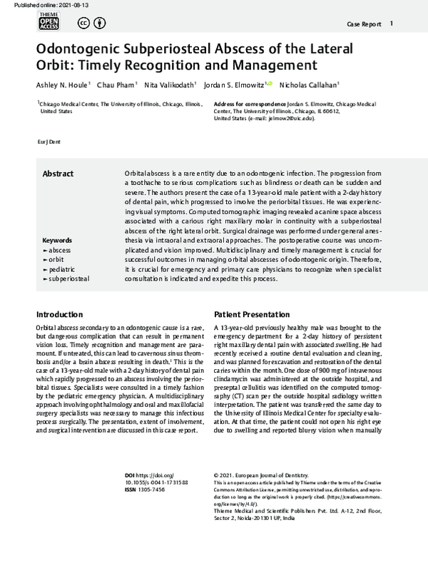 (PDF) Odontogenic Subperiosteal Abscess of the Lateral Orbit: Timely ...