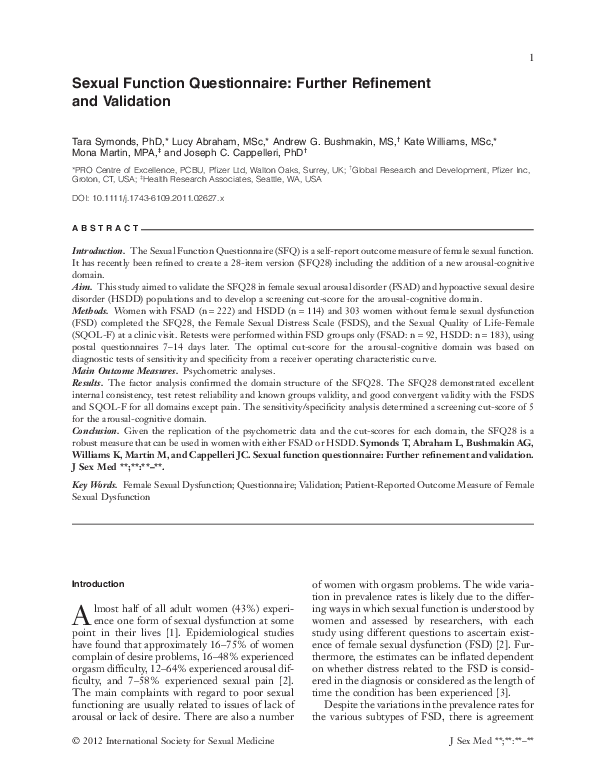 Pdf Sexual Function Questionnaire Further Refinement And Validation