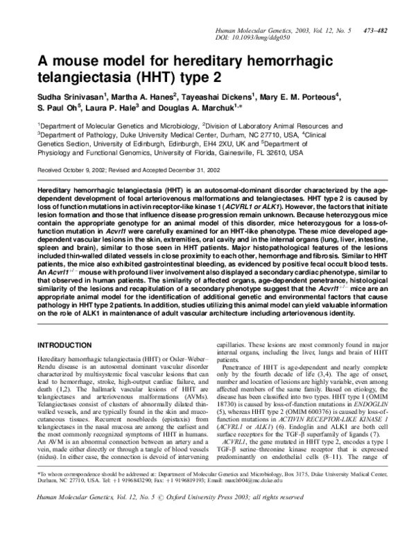(PDF) A mouse model for hereditary hemorrhagic telangiectasia (HHT) type 2