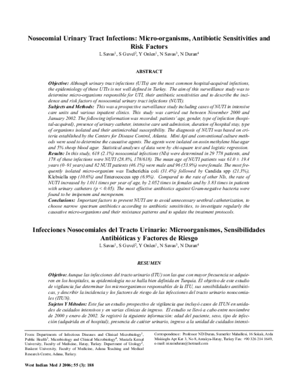 (PDF) Nosocomial urinary tract infections: micro-organisms, antibiotic sensitivities and risk ...