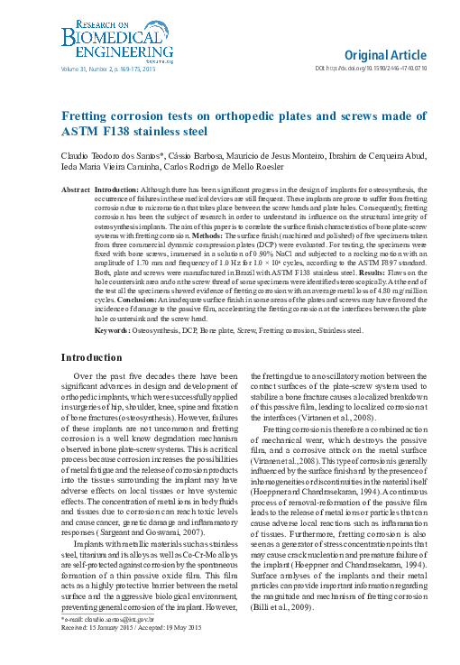 (PDF) Fretting corrosion tests on orthopedic plates and screws made of ...