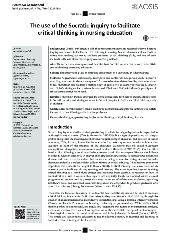 (PDF) The use of the Socratic inquiry to facilitate critical thinking ...