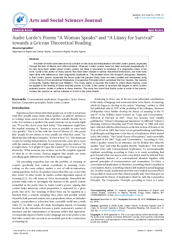 (PDF) Audre Lorde’s Poems “A Woman Speaks” and “A Litany for Survival ...