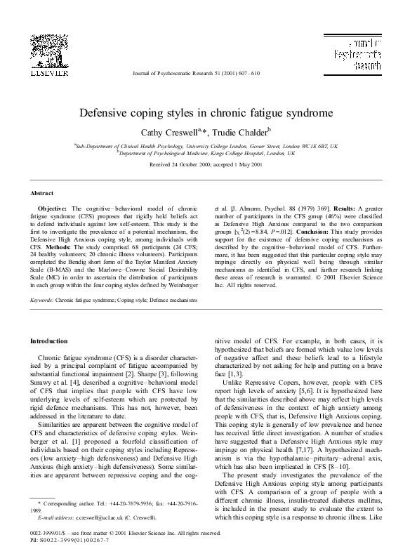 (PDF) Defensive coping styles in chronic fatigue syndrome