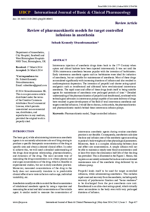 (PDF) Review of pharmacokinetic models for target controlled infusions ...