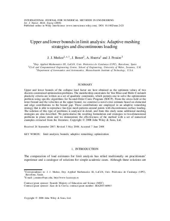 (PDF) Upper and lower bounds in limit analysis: Adaptive meshing strategies and discontinuous ...