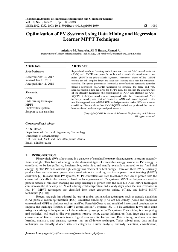 Pdf Optimization Of Pv Systems Using Data Mining And Regression Learner Mppt Techniques