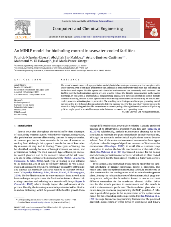 (PDF) An MINLP model for biofouling control in seawater-cooled facilities